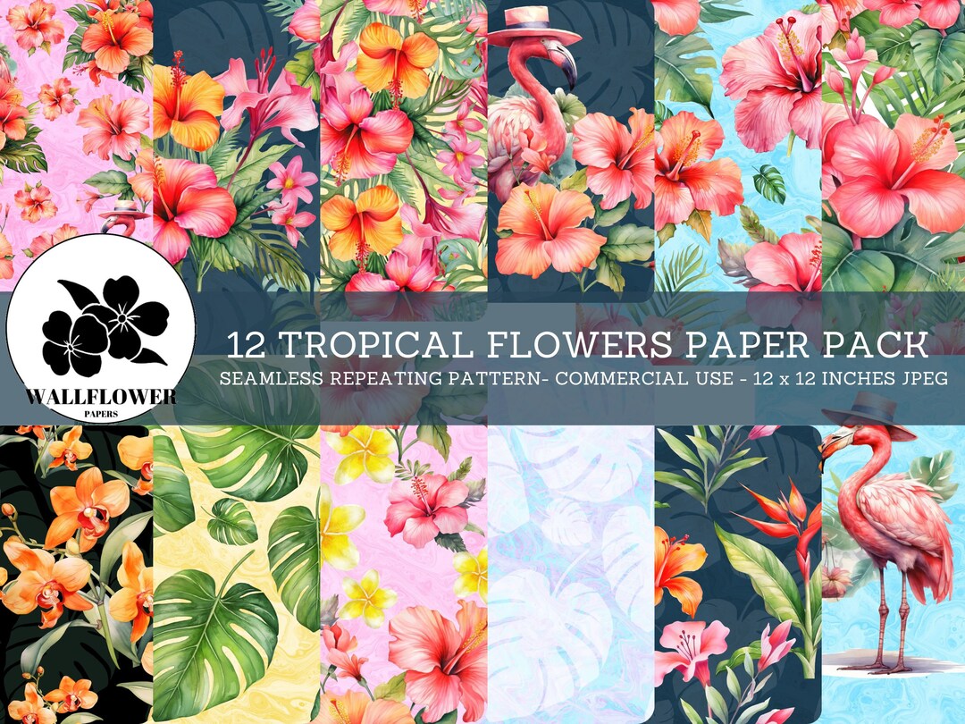 Tropical Garden Seamless Digital Papers, Summer Exotic Flowers ...