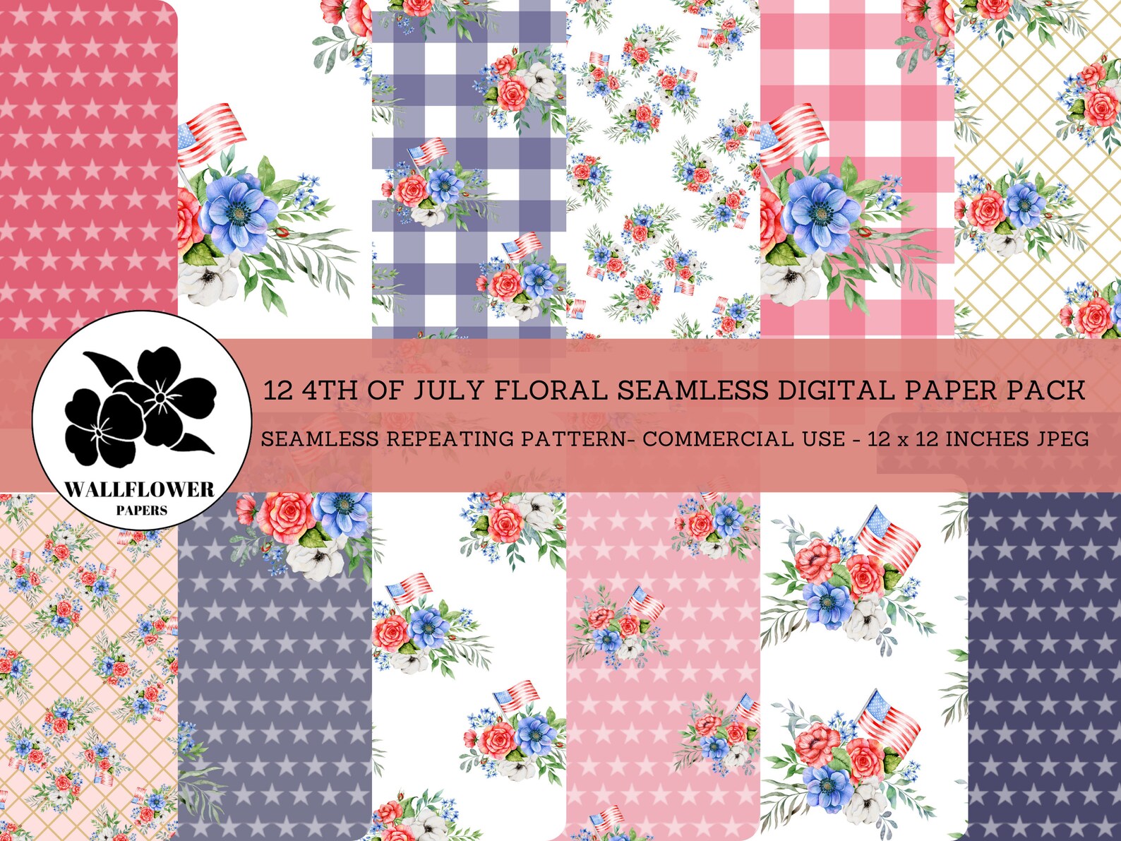 4th of July Floral Seamless Digital Papers, Flowers and American Flags ...