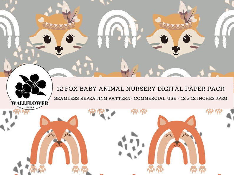 Boho Fox Nursery Seamless Digital Papers, Baby Fox Woodland Animal ...