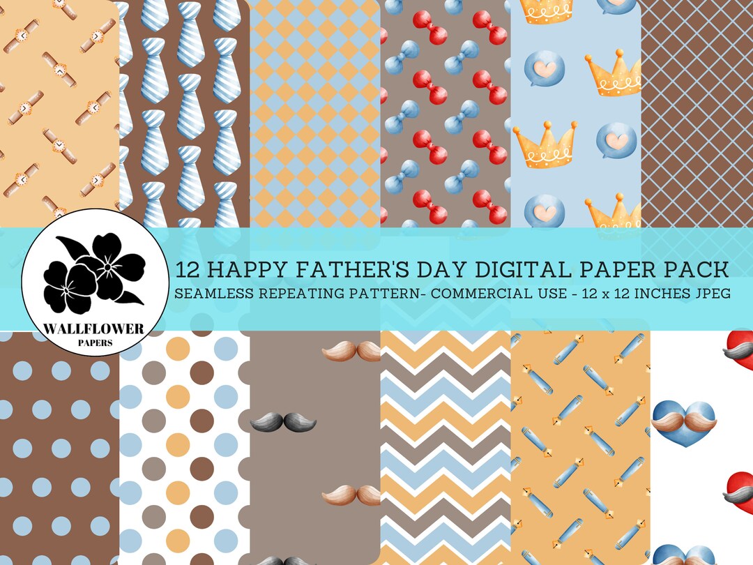 Happy Father's Day Seamless Digital Papers, Neckties & Mustaches, Fathe ...