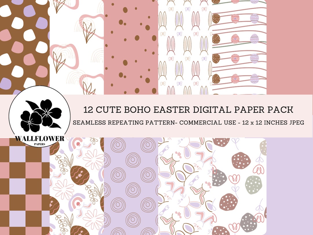 Boho Easter Seamless Digital Papers, Eggs & Bunnies Scrapbook Paper ...