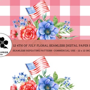 4th of July Floral Seamless Digital Papers, Flowers and American Flags ...