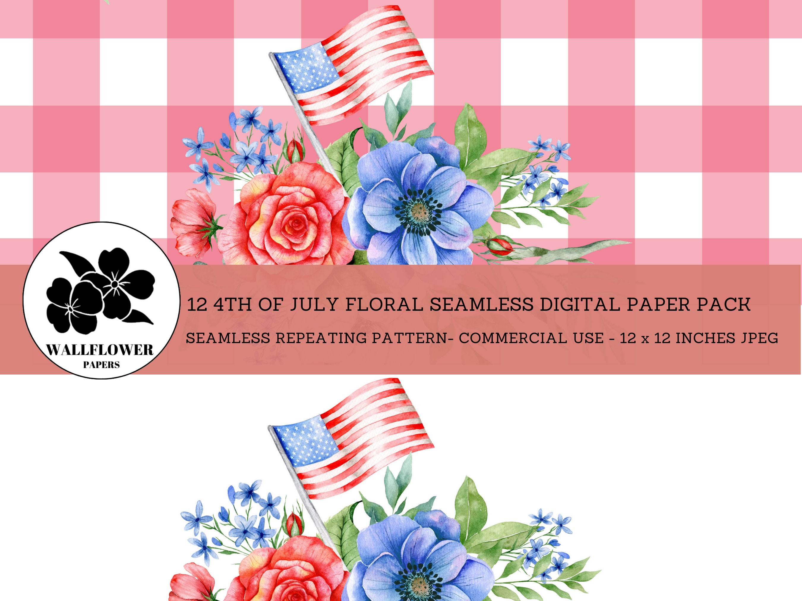 4th of July Floral Seamless Digital Papers, Flowers and American Flags ...