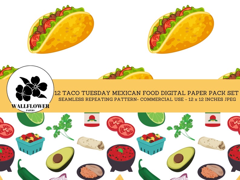 Taco Tuesday Mexican Food Seamless Digital Papers, Tacos & Chilaquiles ...