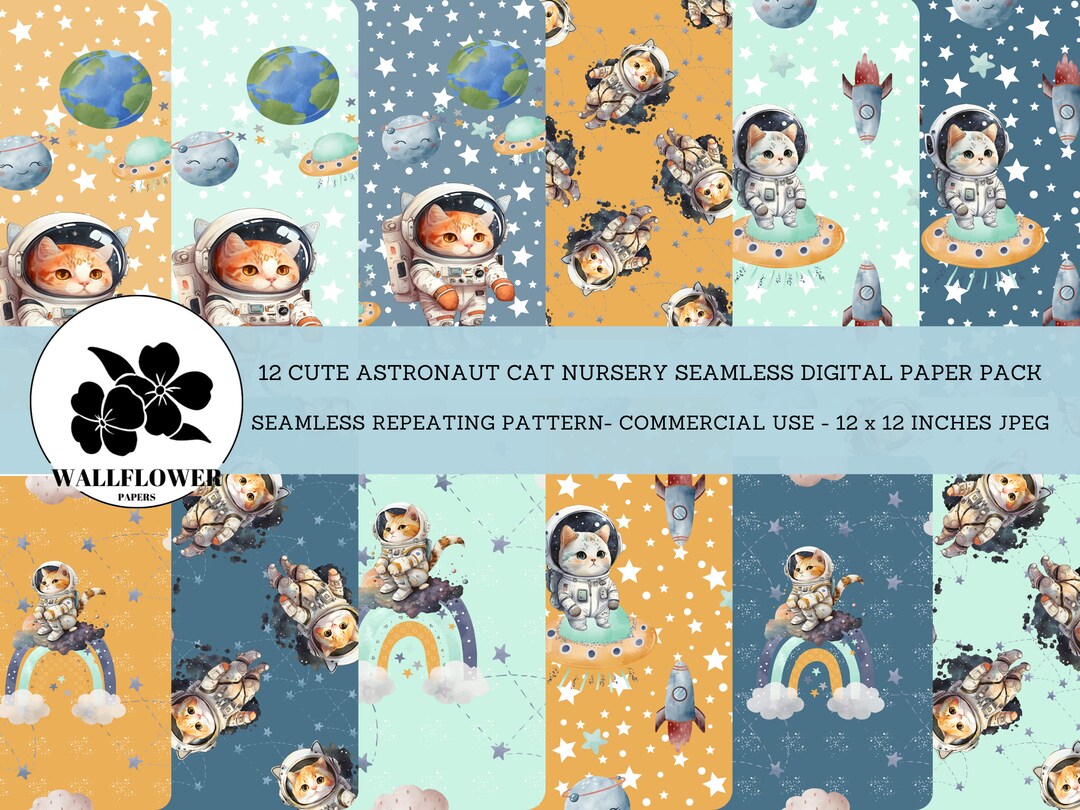 Cute Cat Astronaut Nursery Seamless Digital Papers, Space Cat ...