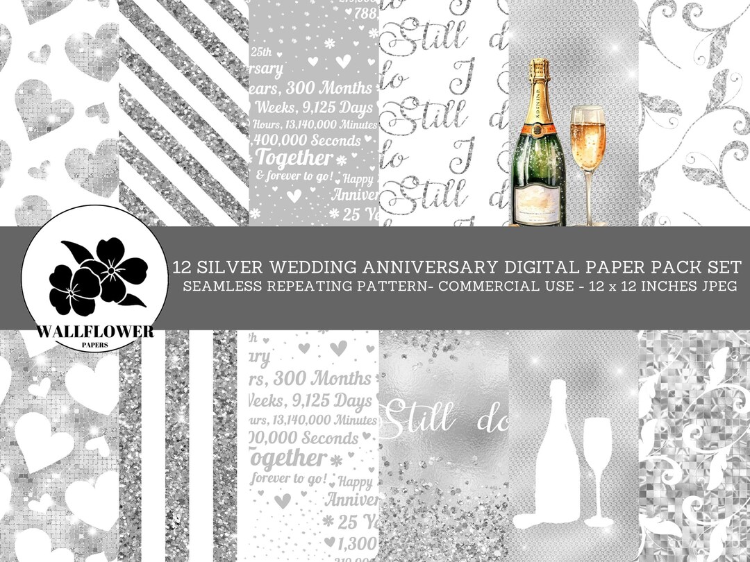 25th Silver Wedding Anniversary Seamless Digital Papers, Champagnes and ...