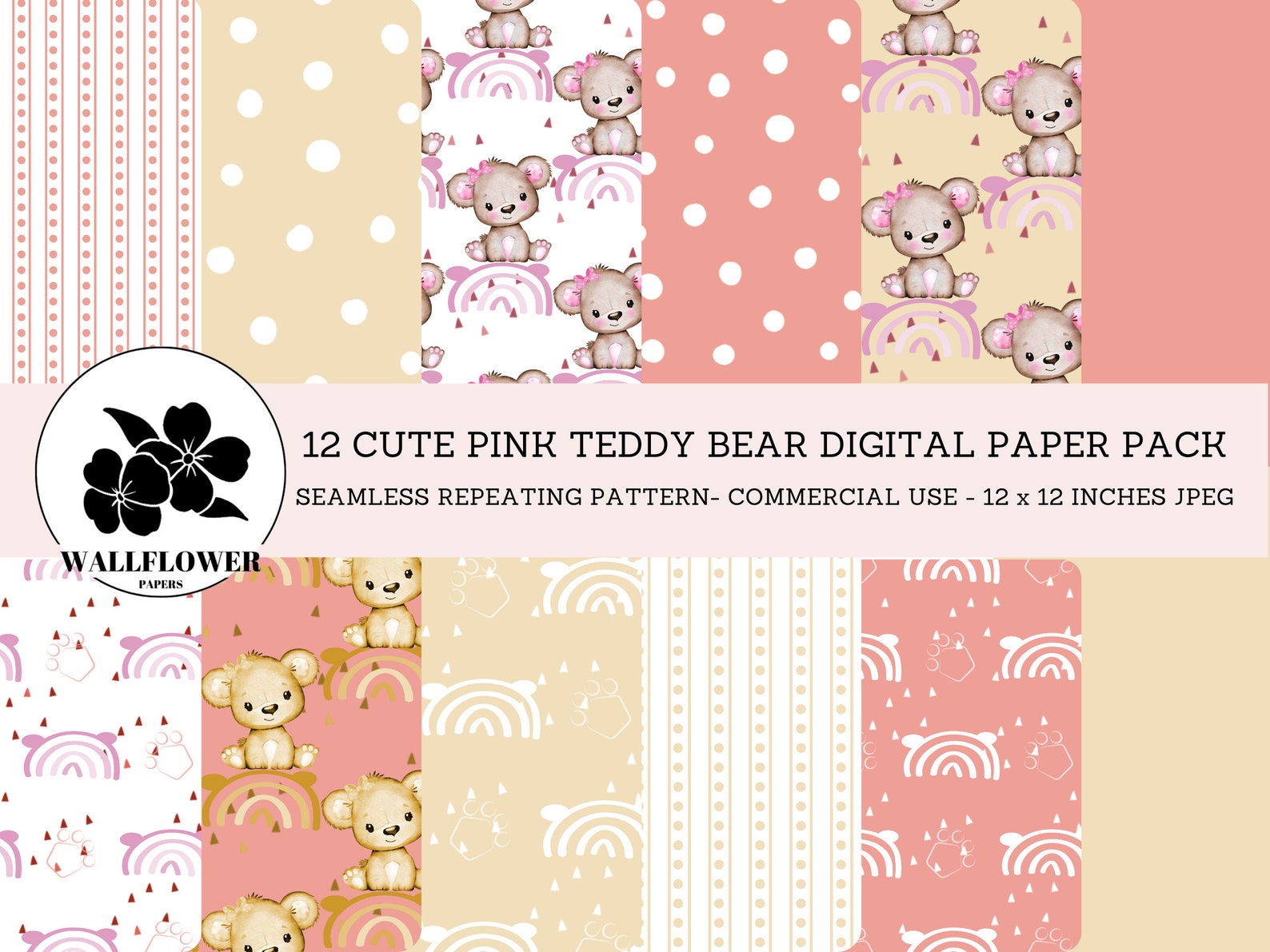 Teddy Bear Nursery Seamless Digital Papers, Pink Baby Girl & Rainbows ...