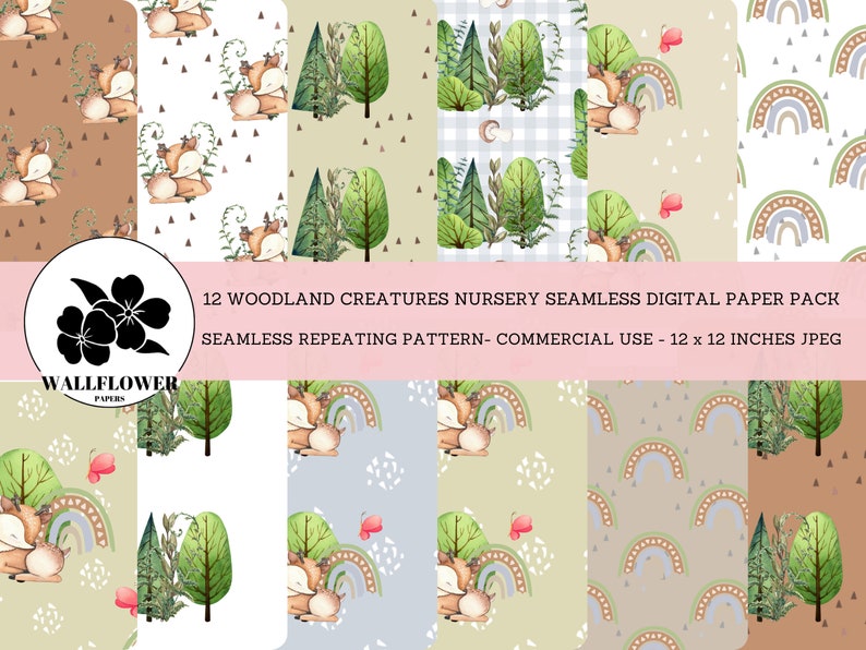 Woodland Creatures Nursery Seamless Digital Papers, Woodland Baby ...