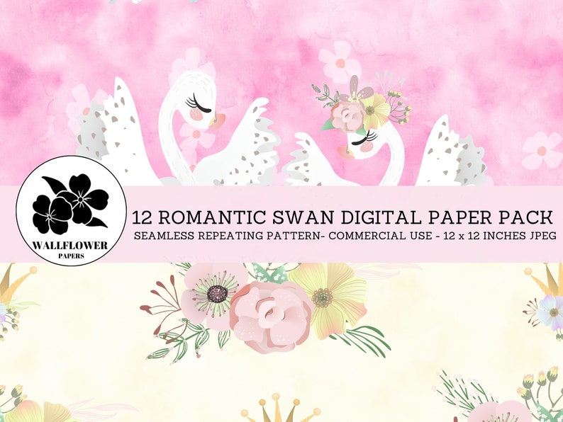 Romantic Swan Seamless Digital Papers, Swans and Flowers, Wedding ...