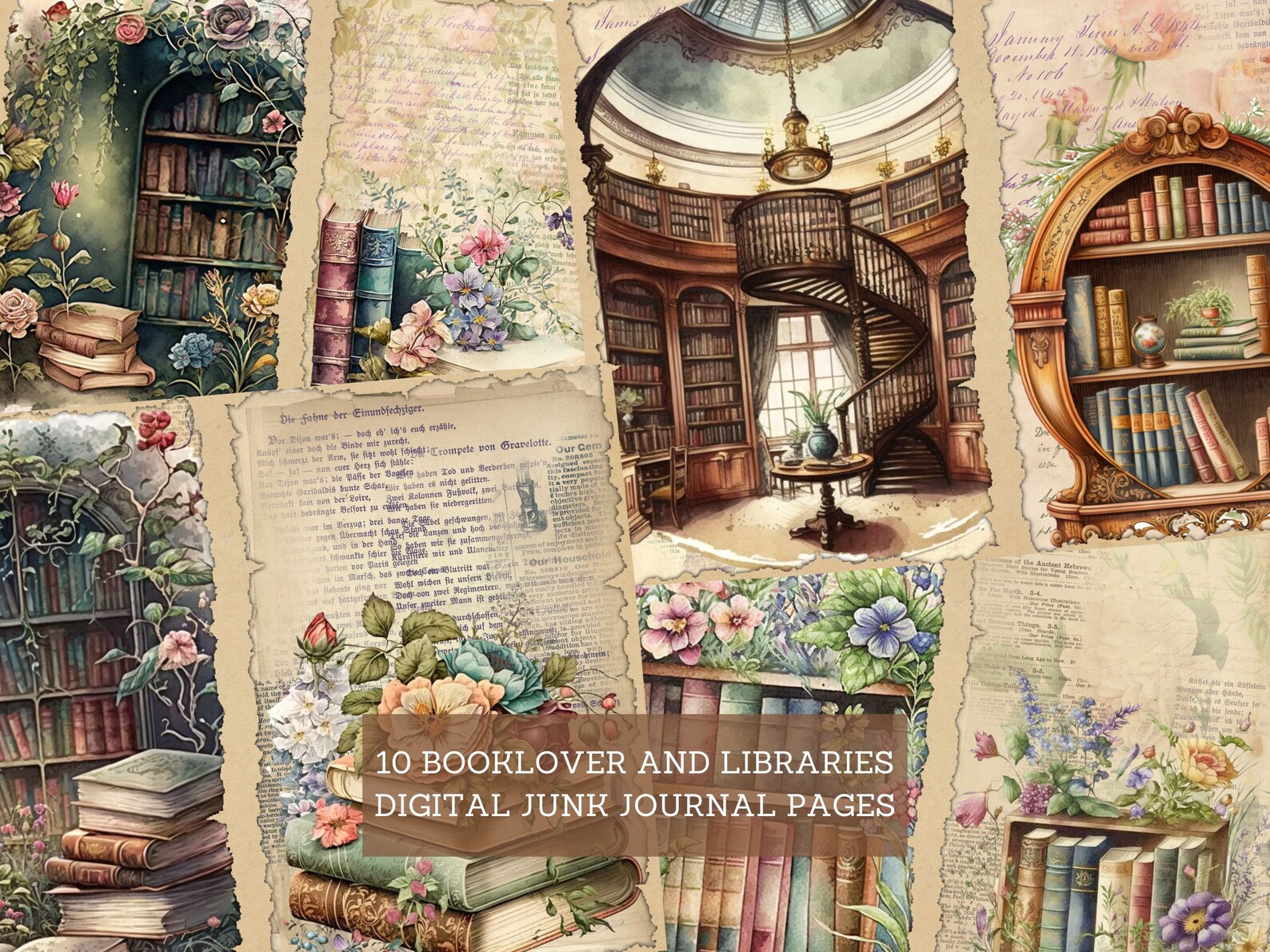 Book Lover & Libraries Junk Journal Pages, Vintage Bookshelf Junk ...