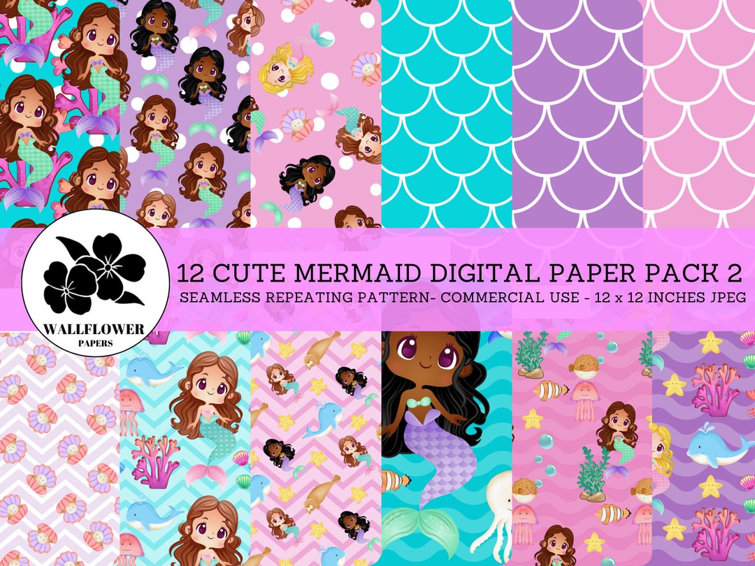 Cute Mermaid Seamless Digital Papers 2, Mermaids and Tail Scales, Pink ...