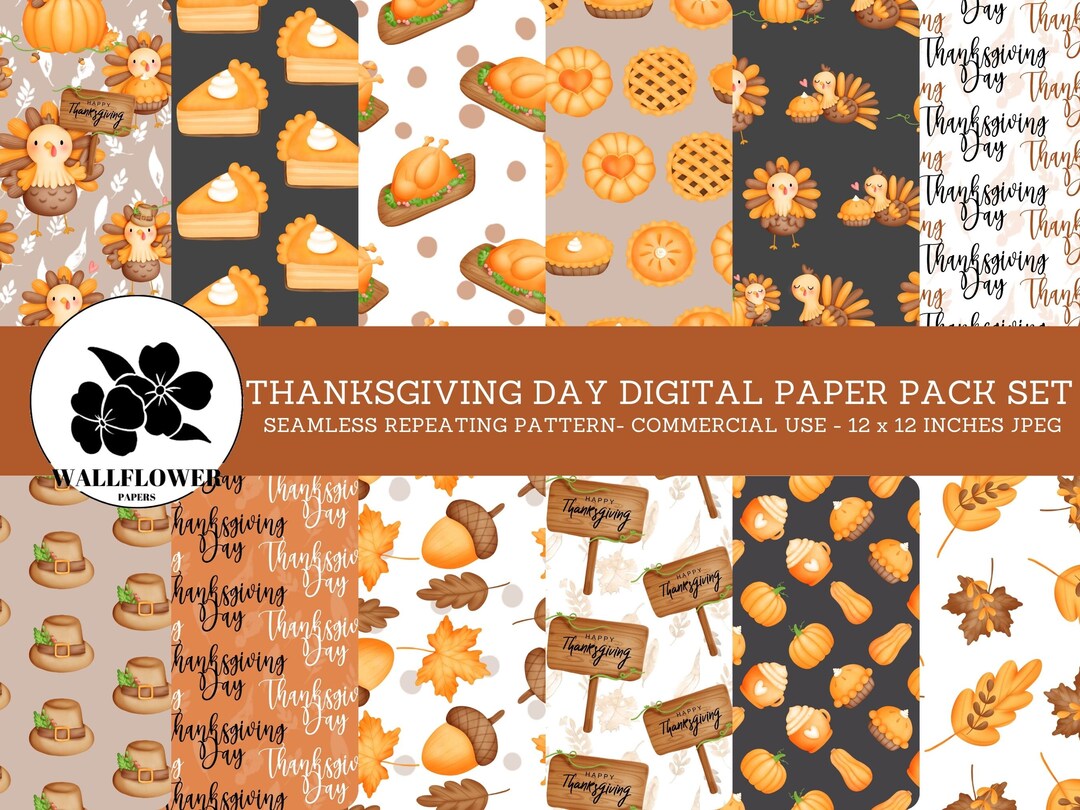 Thanksgiving Day Seamless Digital Papers, Cute Turkeys, Pumpkin Pies ...