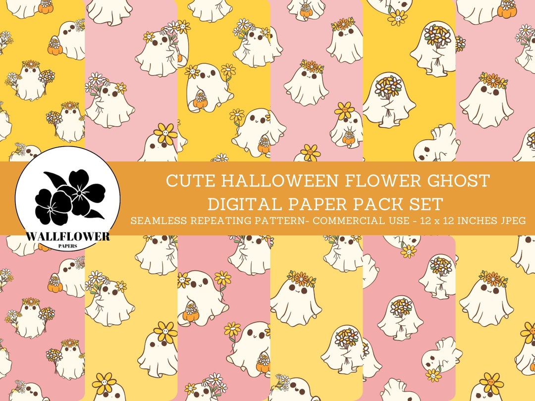 Cute Halloween Seamless Digital Papers, Flower Ghosts and Daisies, Pink ...