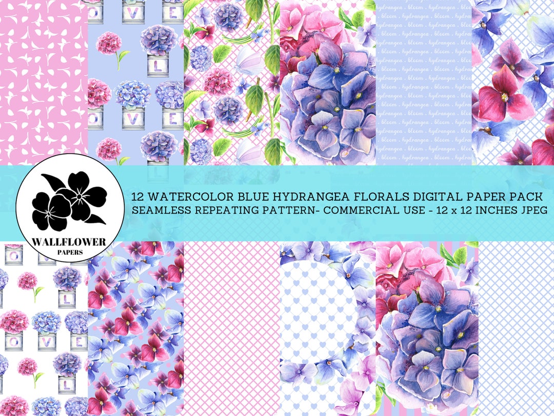 Watercolor Blue Hydrangea Floral Seamless Digital Papers, Blue and Pink ...