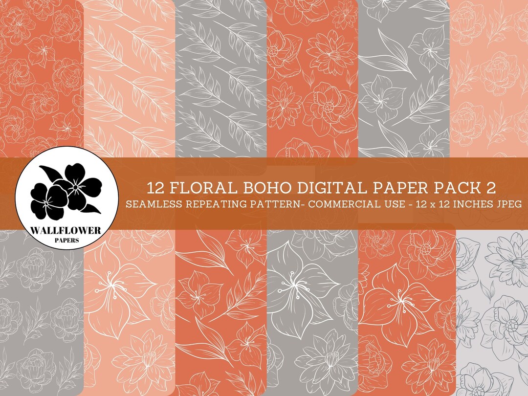 Floral Boho Digital Paper, Flower Line Art Pattern, Red Orange Magnolia ...