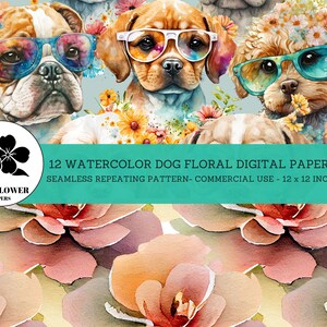 Watercolor Dog Floral Seamless Digital Papers Cute Puppy Dogs With ...