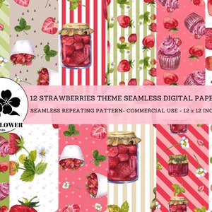 Strawberries Theme Digital Papers, Strawberry Summer Fruit and Jam, Red ...