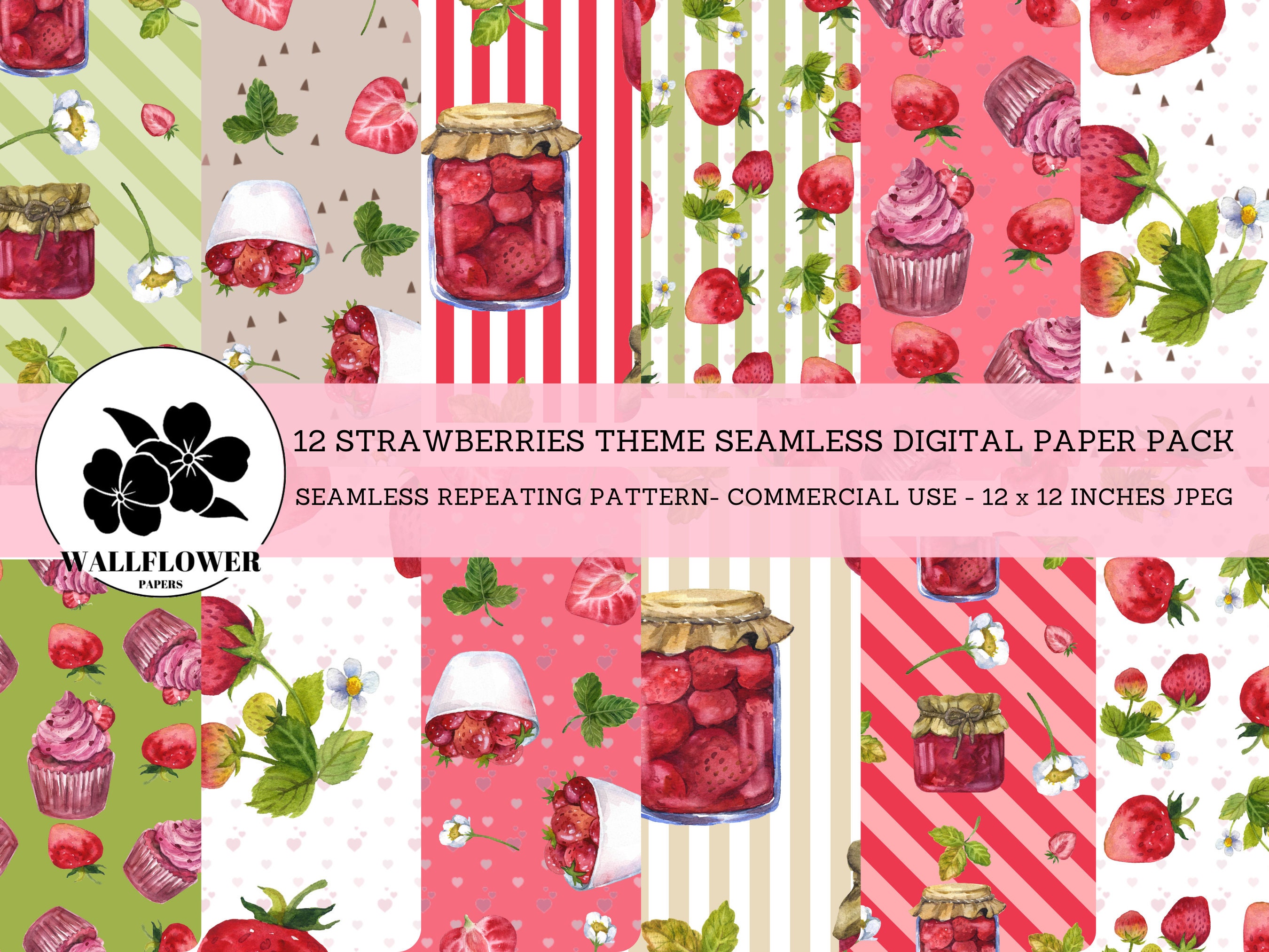 Strawberries Theme Digital Papers, Strawberry Summer Fruit and Jam, Red ...