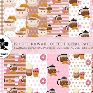 Cute Kawaii Coffee Seamless Digital Papers, Coffee Cups and Pastries ...