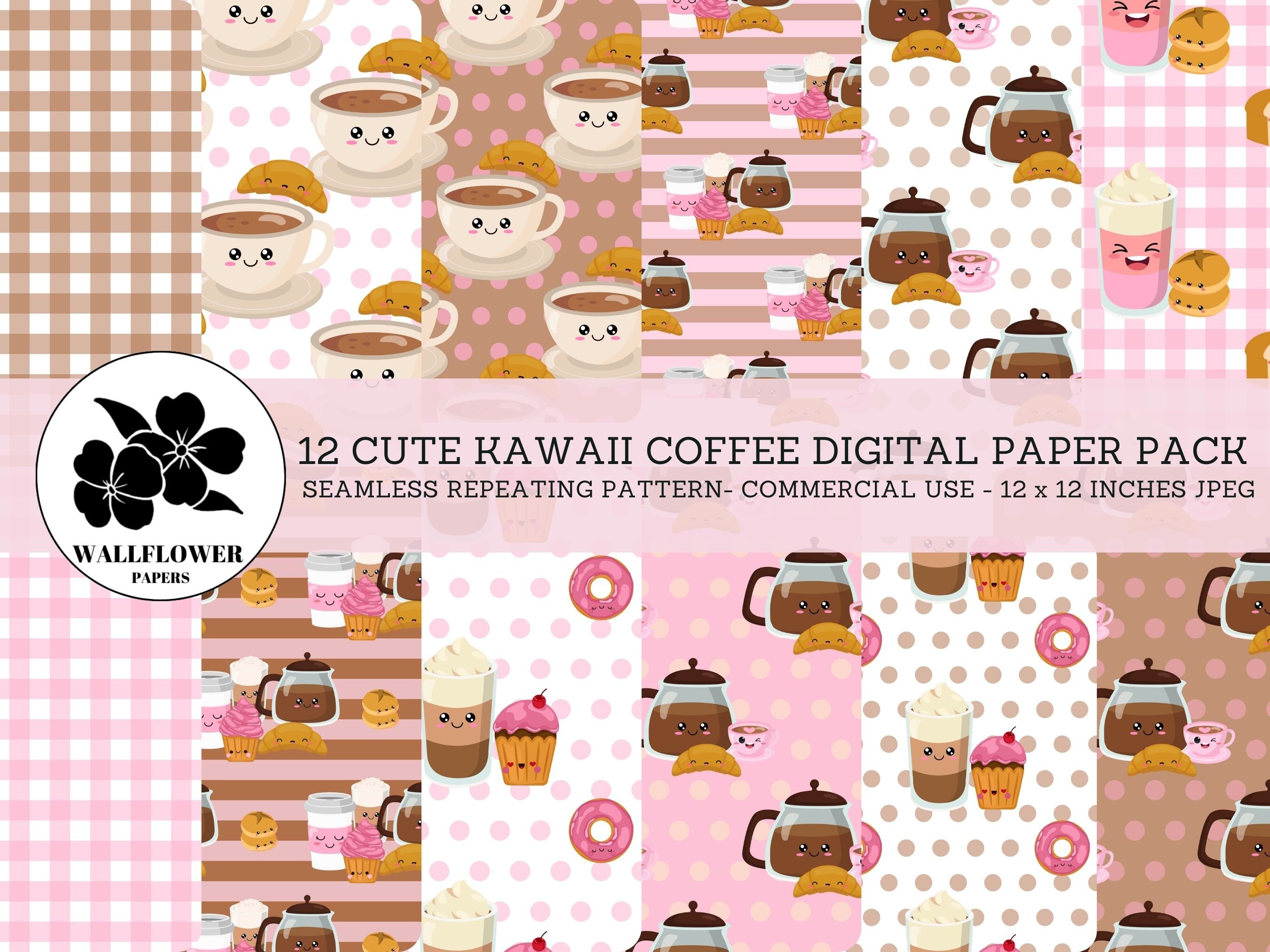 Cute Kawaii Coffee Seamless Digital Papers, Coffee Cups and Pastries ...
