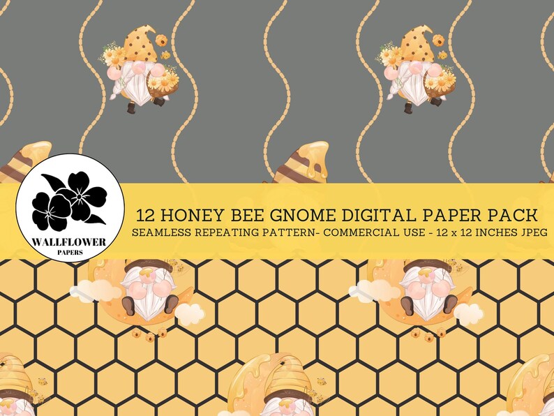 Honey Bee Gnome Seamless Digital Papers, Gnomes & Honey Bees Scrapbook ...