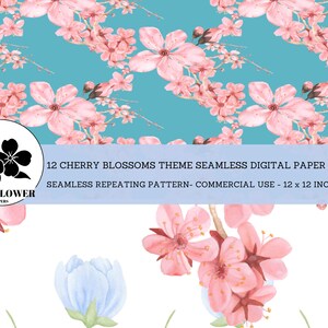 Cherry Blossoms Seamless Digital Papers, Blue and Pink Blossoms, Cherry ...