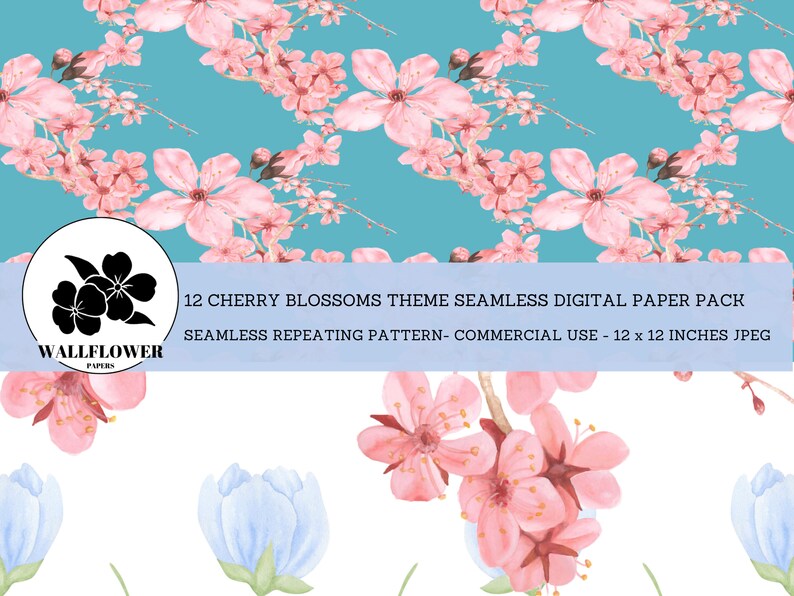 Cherry Blossoms Seamless Digital Papers, Blue and Pink Blossoms, Cherry ...