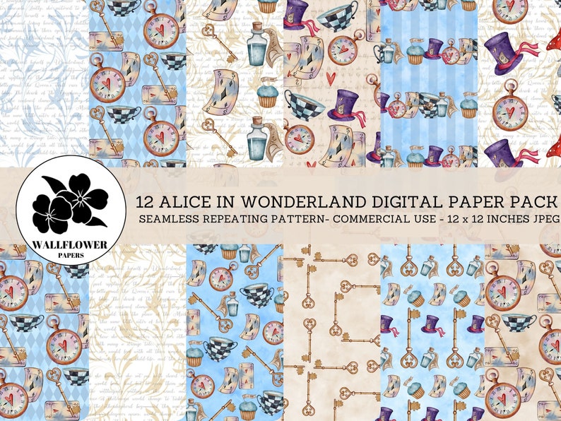 Alice in Wonderland Seamless Digital Papers, White Rabbit's Watch and ...