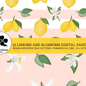 Lemons & Blossom Digital Papers, Lemon Cuts and Blossoms, Yellow and ...