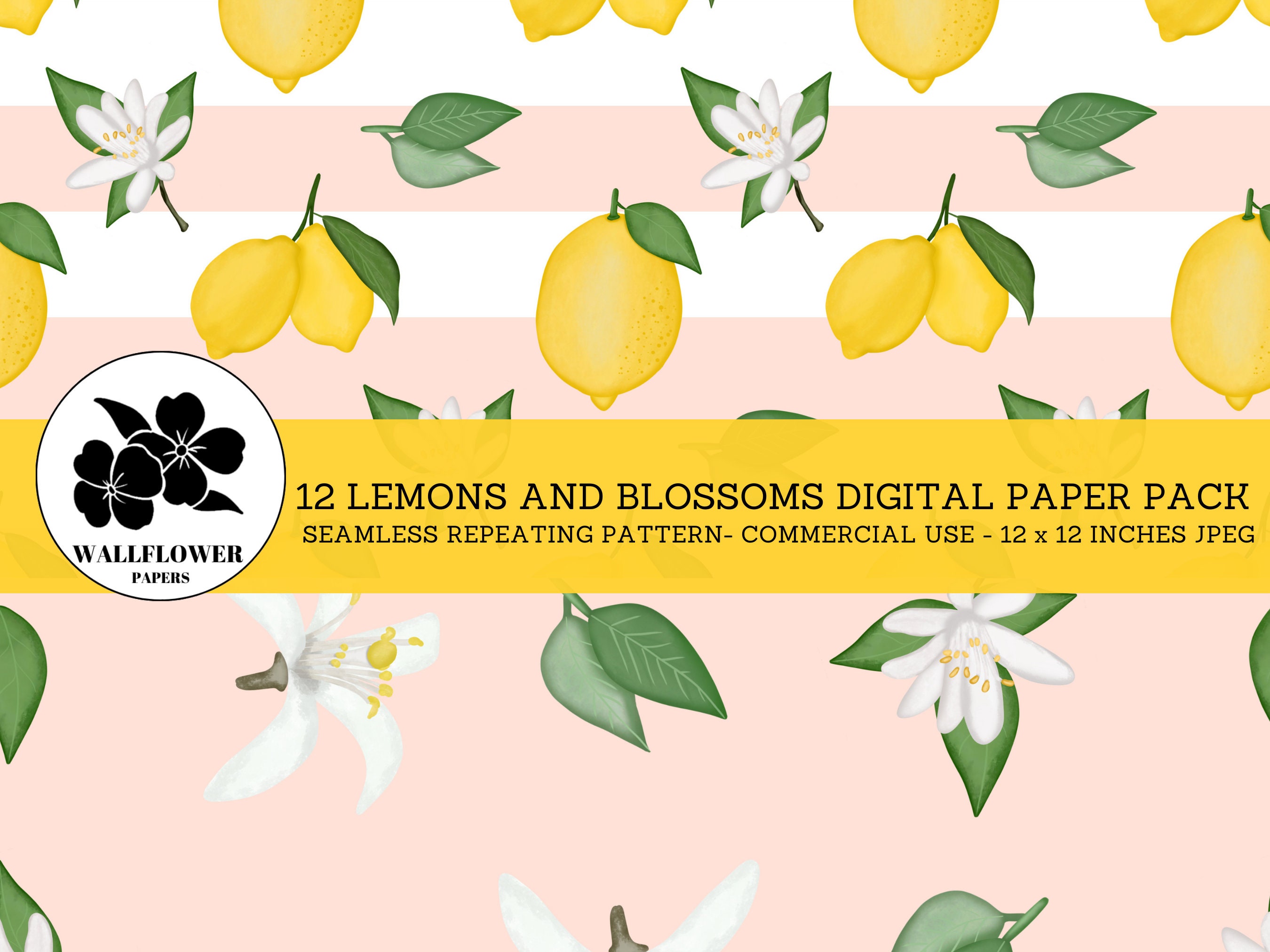 Lemons & Blossom Digital Papers, Lemon Cuts and Blossoms, Yellow and ...