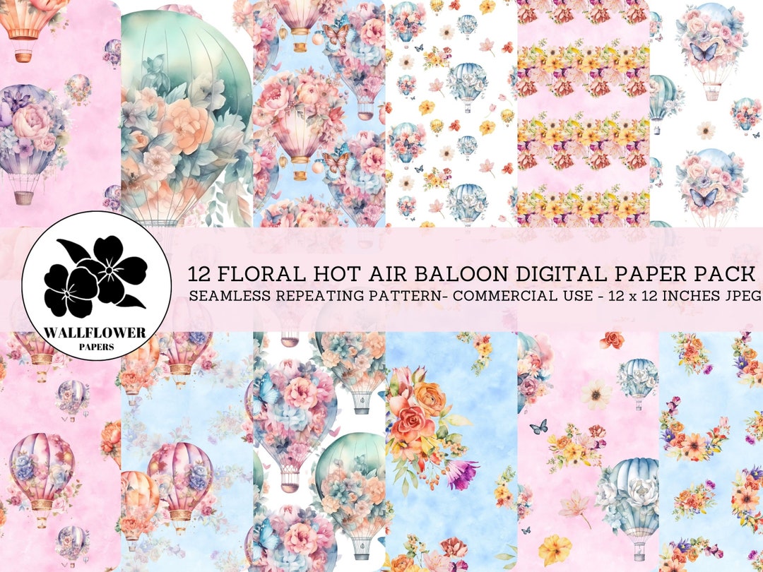 Floral Hot Air Balloons Seamless Digital Papers, Hot Air Balloons and ...