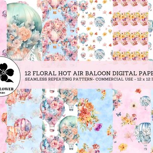 Floral Hot Air Balloons Seamless Digital Papers, Hot Air Balloons and ...