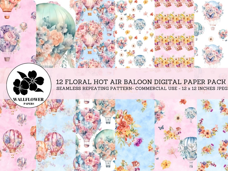 Floral Hot Air Balloons Seamless Digital Papers, Hot Air Balloons and ...
