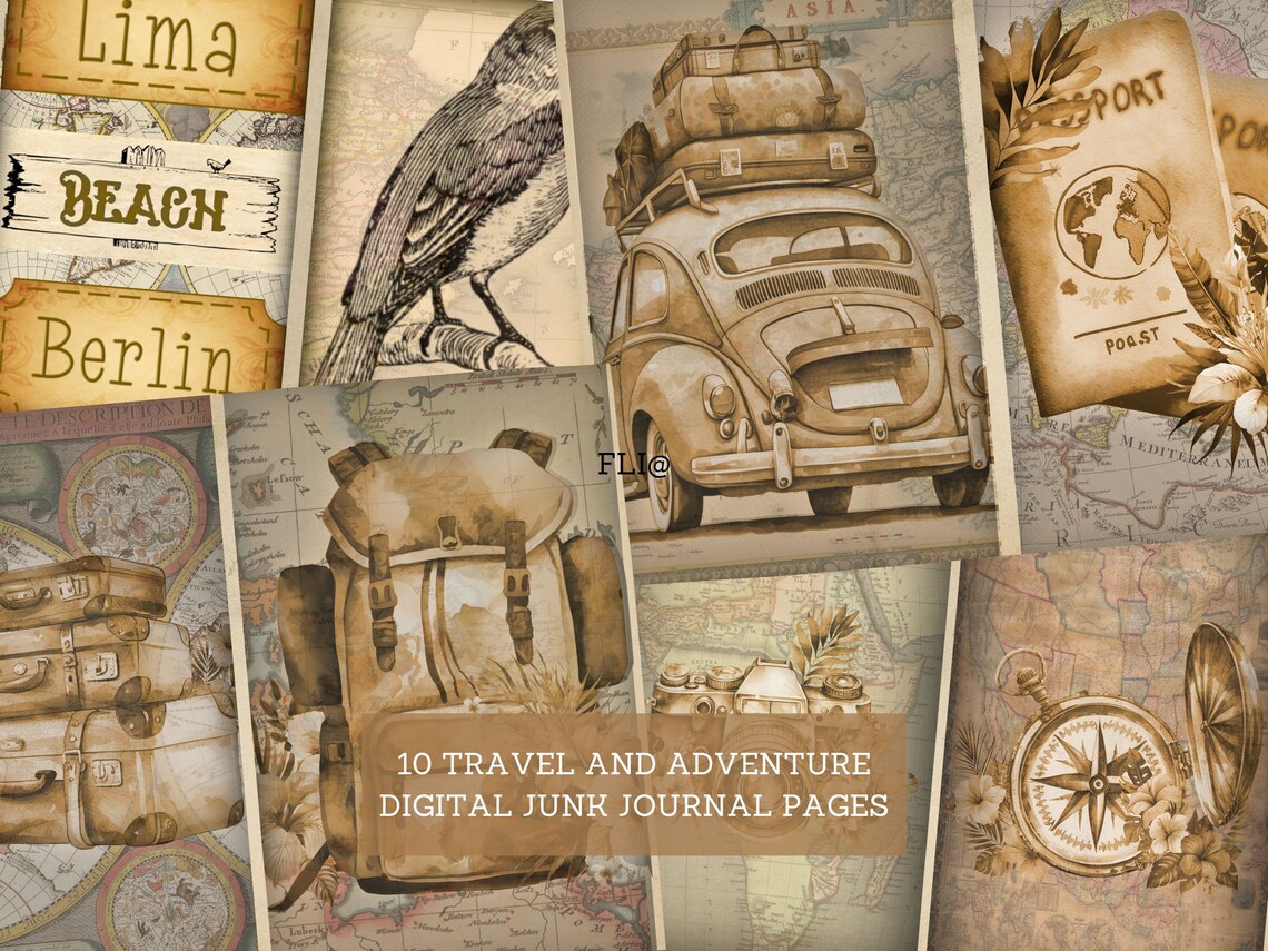 Travel & Adventure Junk Journal Pages, Vintage Travel Junk Journal Kit ...
