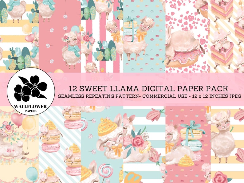 Sweet Llama Seamless Digital Papers, Llamas & Sweet Macarons, Happy ...