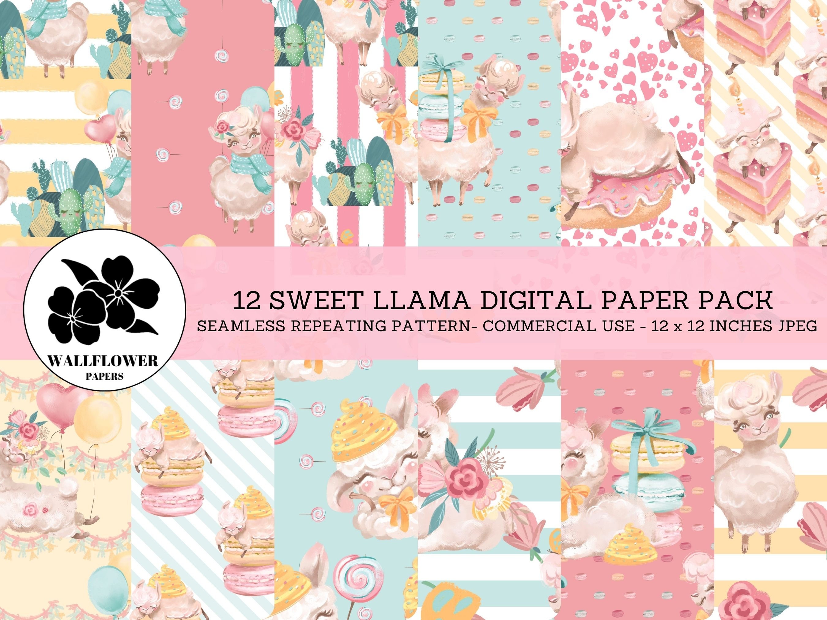 Sweet Llama Seamless Digital Papers, Llamas & Sweet Macarons, Happy ...