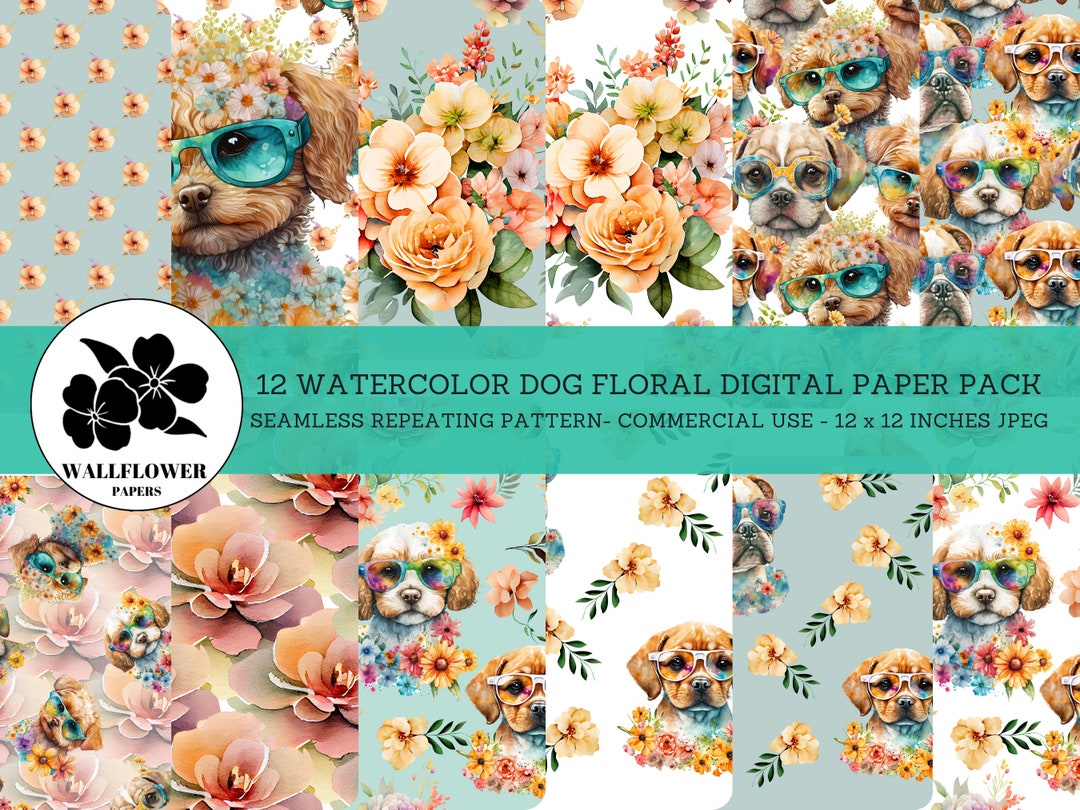 Watercolor Dog Floral Seamless Digital Papers Cute Puppy Dogs With ...