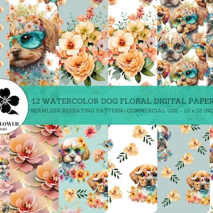 Watercolor Dog Floral Seamless Digital Papers Cute Puppy Dogs With ...