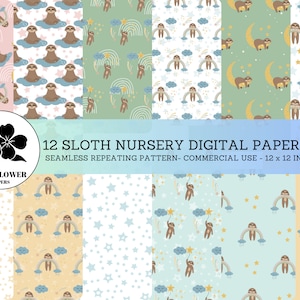 Sloth Nursery Seamless Digital Papers, Woodland Baby Animal & Rainbows ...