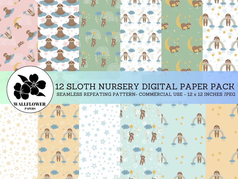 Sloth Nursery Seamless Digital Papers, Woodland Baby Animal & Rainbows ...