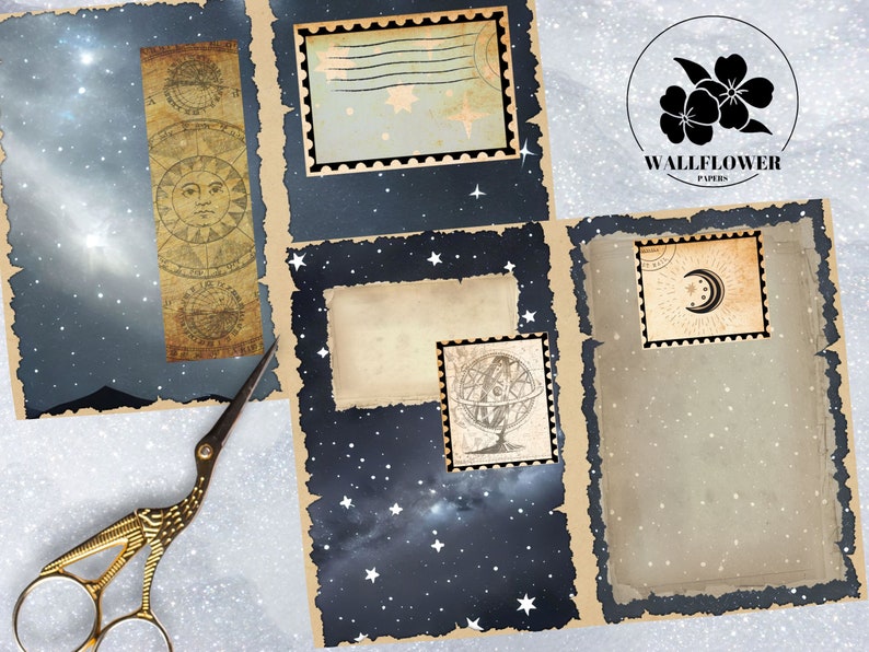 Celestial Moon Stars & Night Sky Junk Journal Pages, Vintage Junk ...