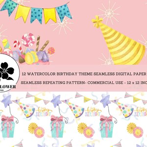 Watercolor Birthday Seamless Digital Papers, Cakes & Party Hats, Happy ...
