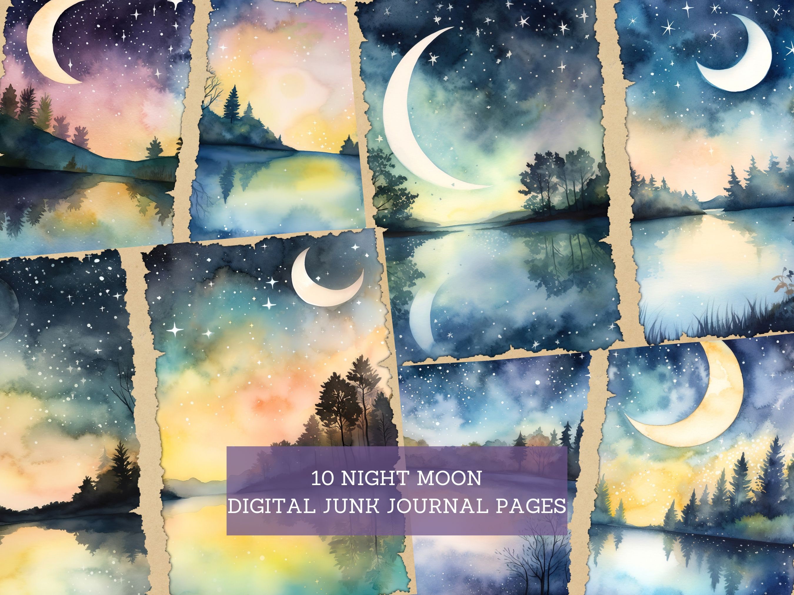 Night Moon Junk Journal Pages, Vintage Midnight Watercolor Junk Journal ...