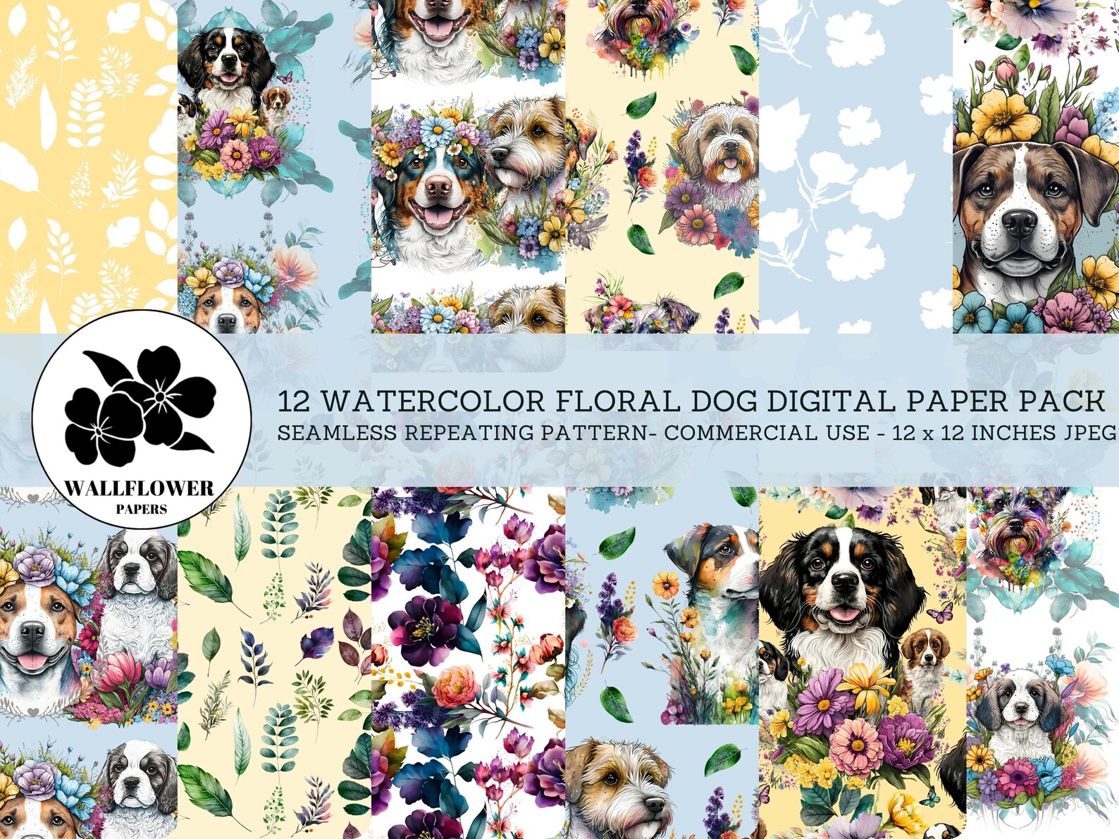Watercolor Dog Floral Seamless Digital Papers Cute Puppy Dogs With ...