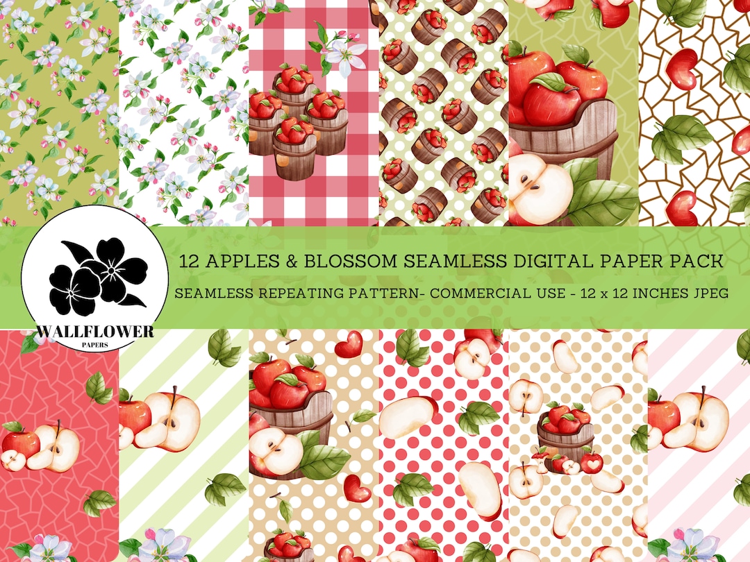 Apples & Blossom Digital Papers, Apple Cuts and Blossoms, Green ...