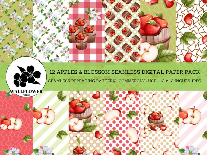 Apples & Blossom Digital Papers, Apple Cuts and Blossoms, Green ...