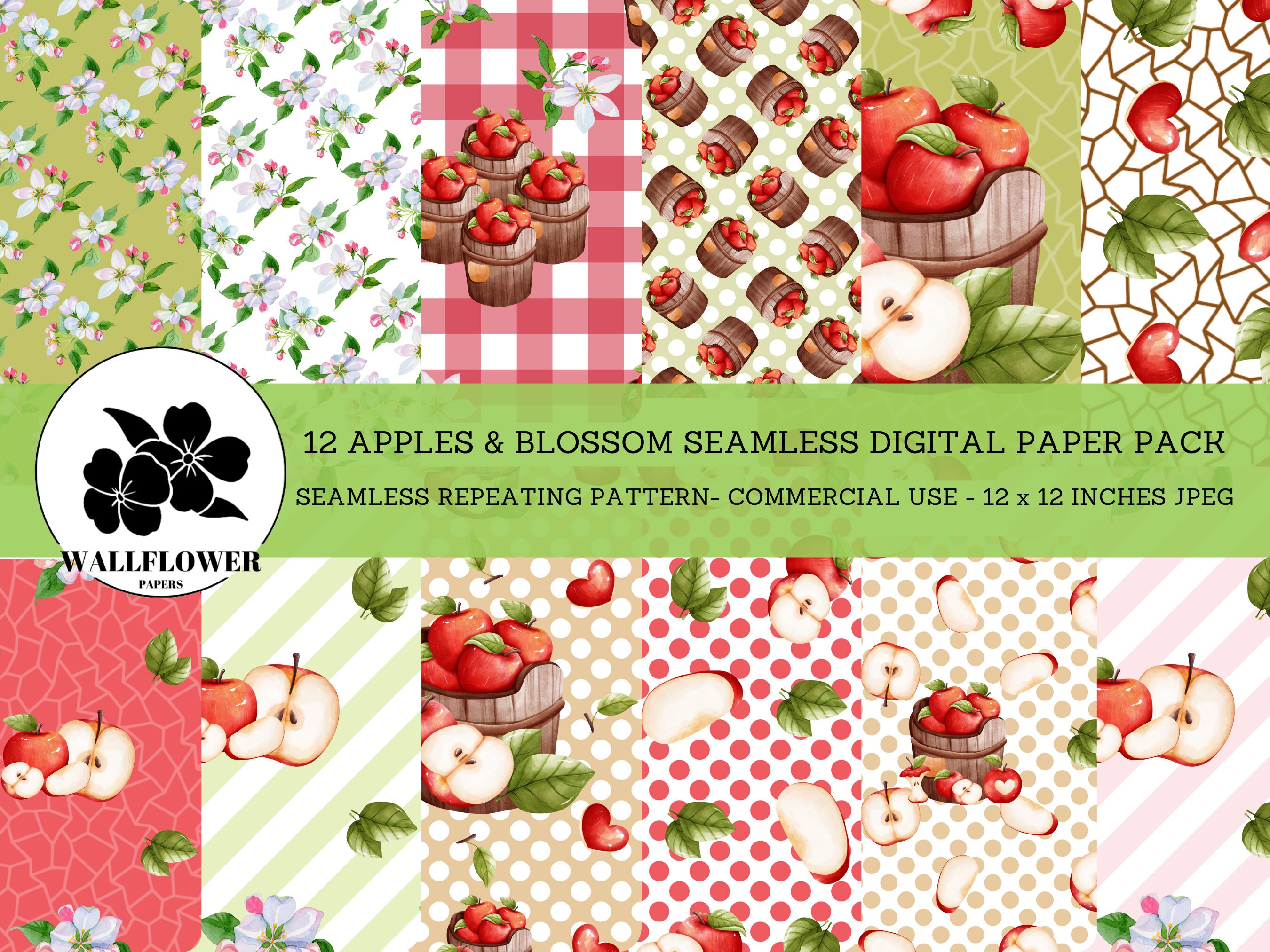 Apples & Blossom Digital Papers, Apple Cuts and Blossoms, Green ...