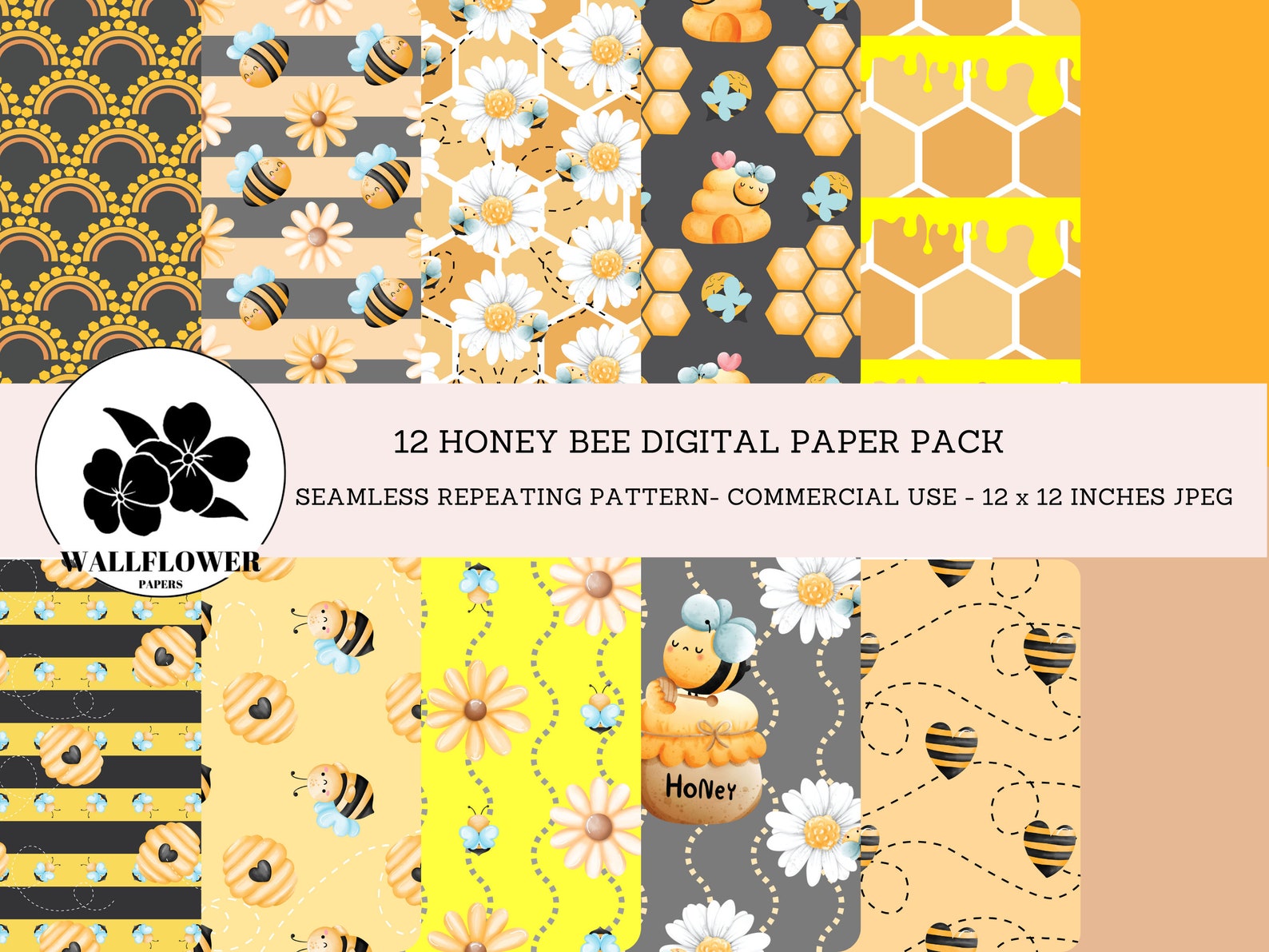 Honey Bee Seamless Digital Papers, Flowers & Bees Scrapbook Paper, Bee ...
