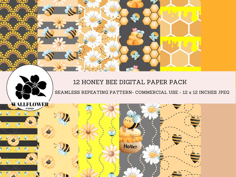 Honey Bee Seamless Digital Papers, Flowers & Bees Scrapbook Paper, Bee ...