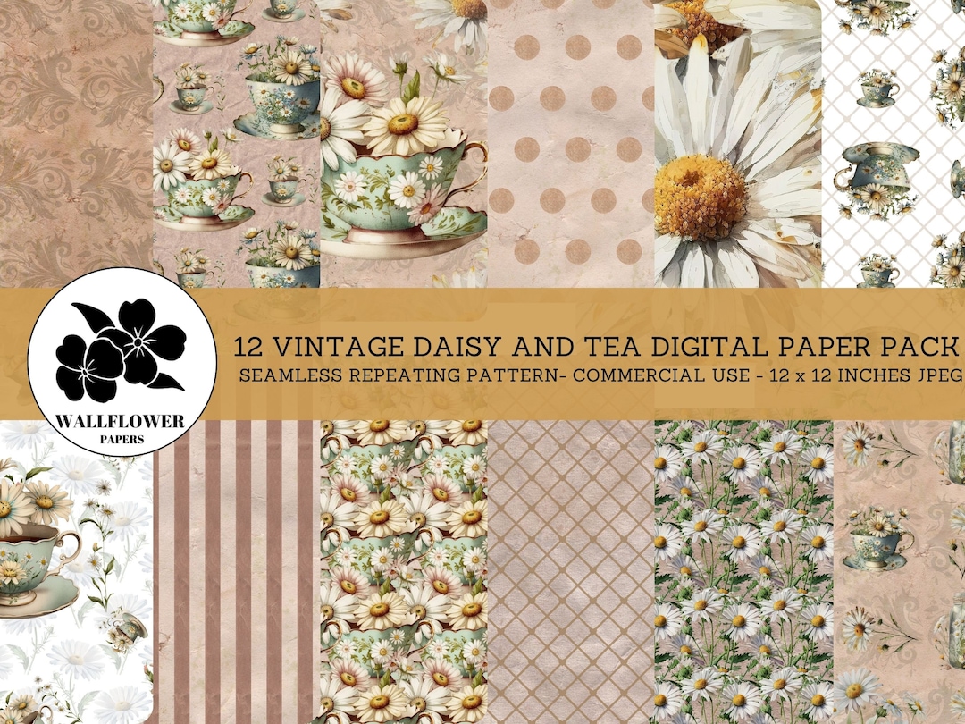 Vintage Daisy and Tea Digital Papers, Flowers & Tea Cup Scrapbook Paper ...
